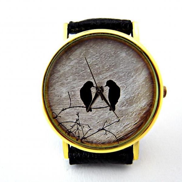 Bird And Moon Leather Wrist Watch, Woman Man Lady Unisex Watch, Genuine ...