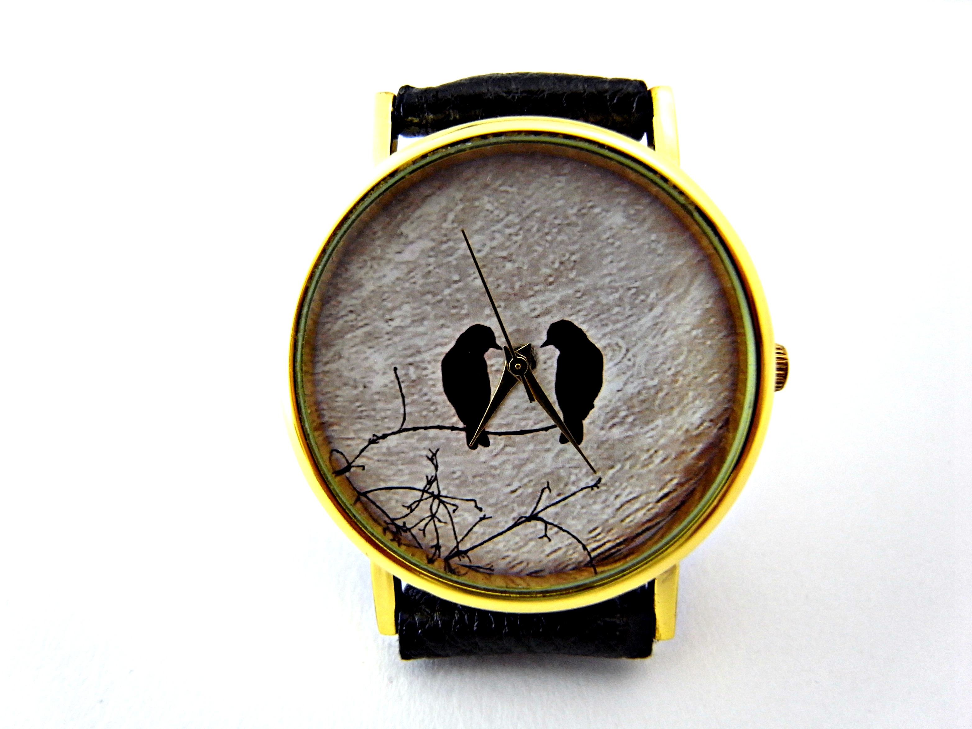 Bird And Moon Leather Wrist Watch, Woman Man Lady Unisex Watch, Genuine ...