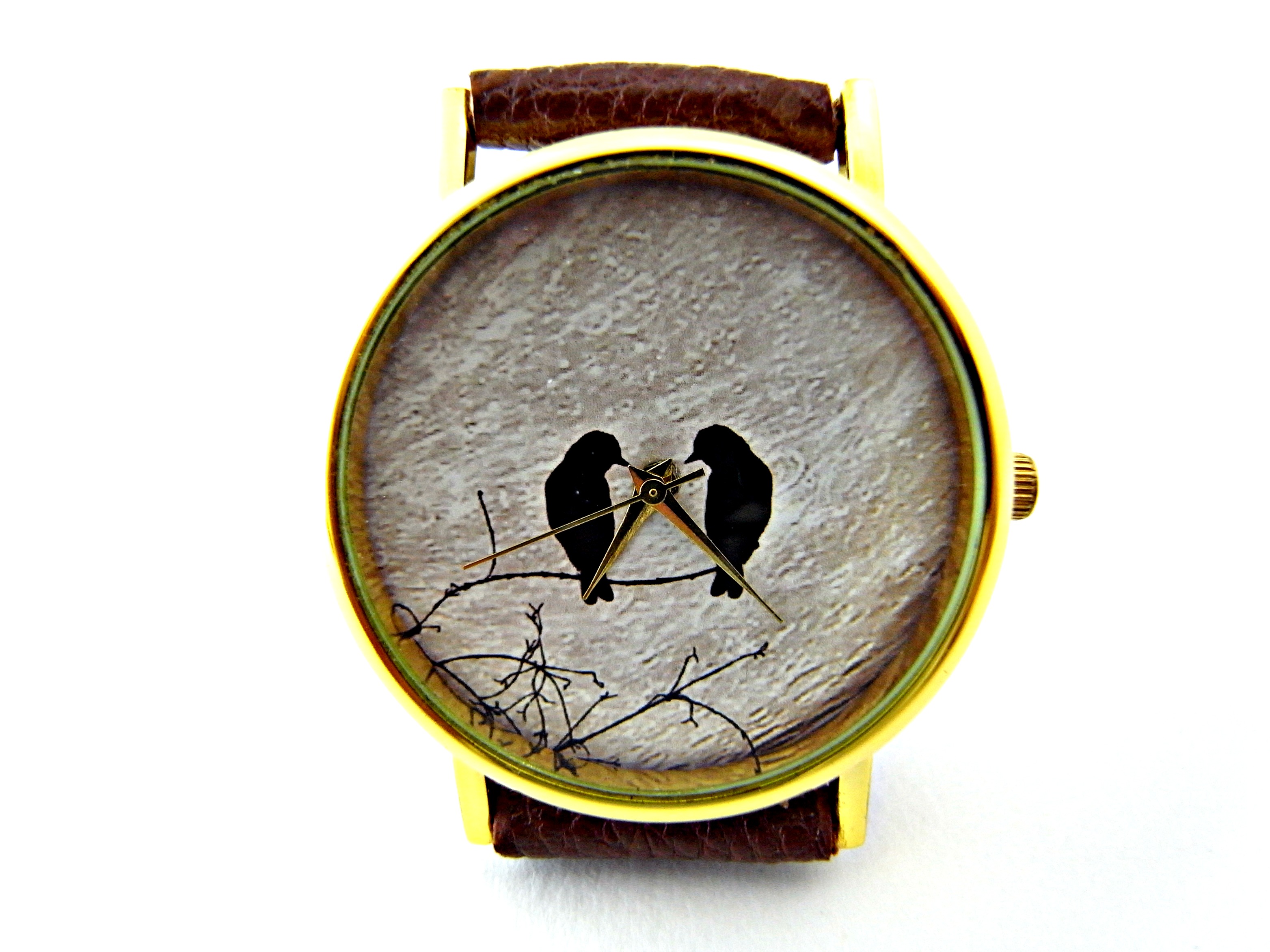 Bird And Moon Leather Wrist Watch, Woman Man Lady Unisex Watch, Genuine ...